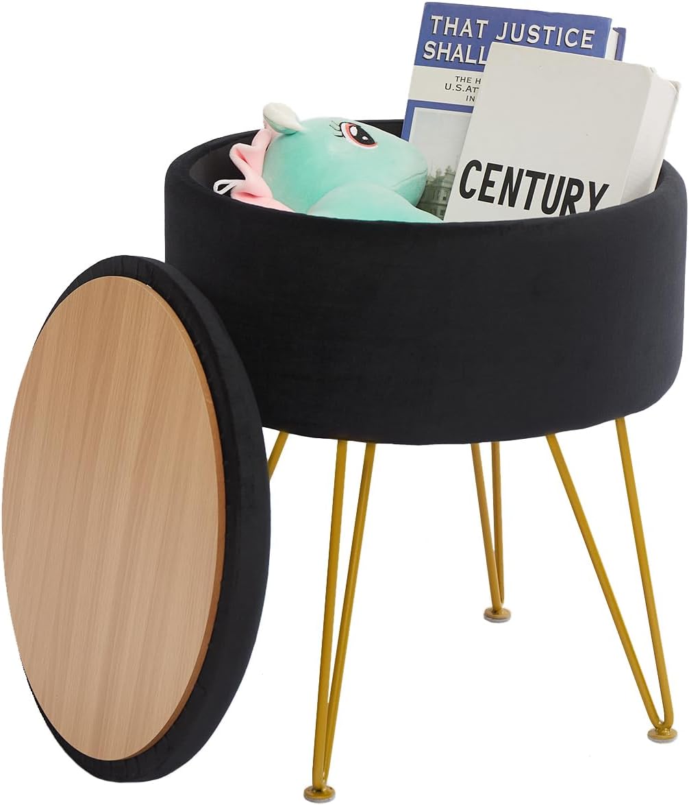 Amazon.com: Velvet Vanity Stool with Storage, Round Upholstered Ottoman ...