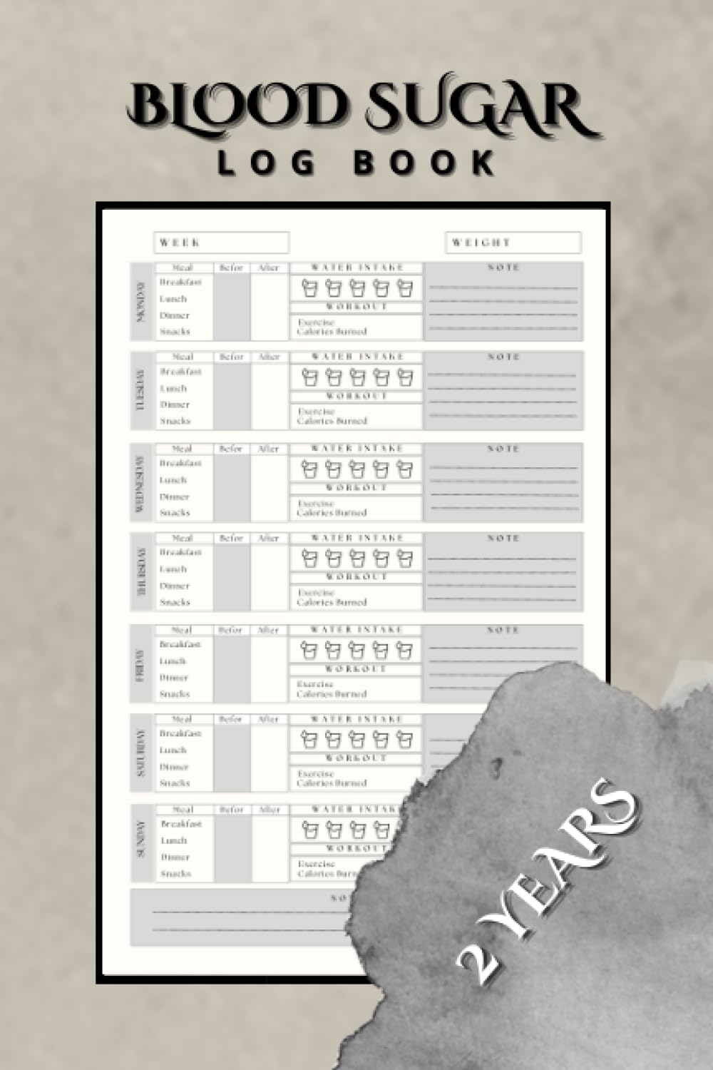 Blood Sugar Log Book: 2-Years Weekly Blood Sugar Diary, Daily Diabetic ...