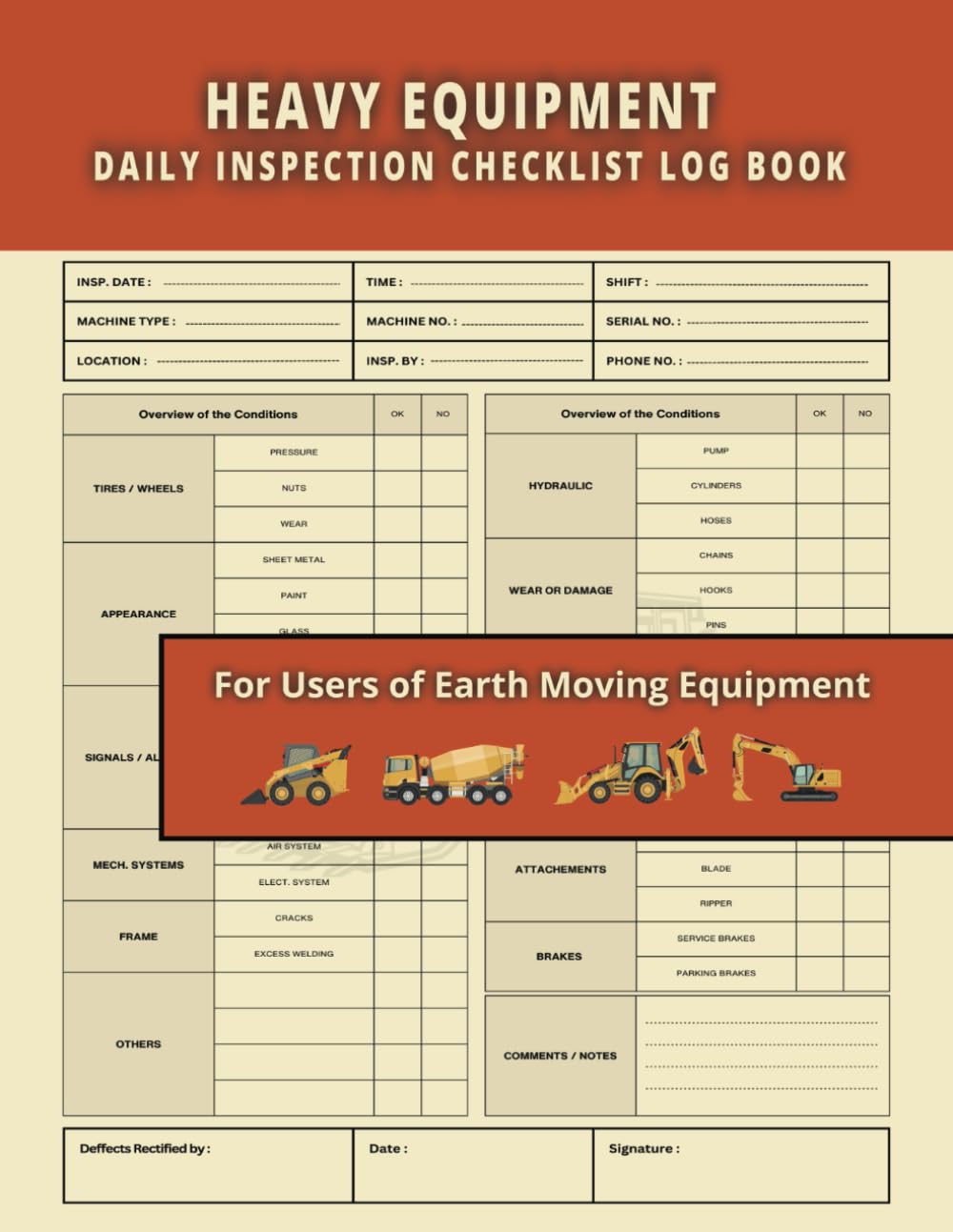 Heavy Equipment Daily Inspection Checklist Log Book: For Users of Earth ...