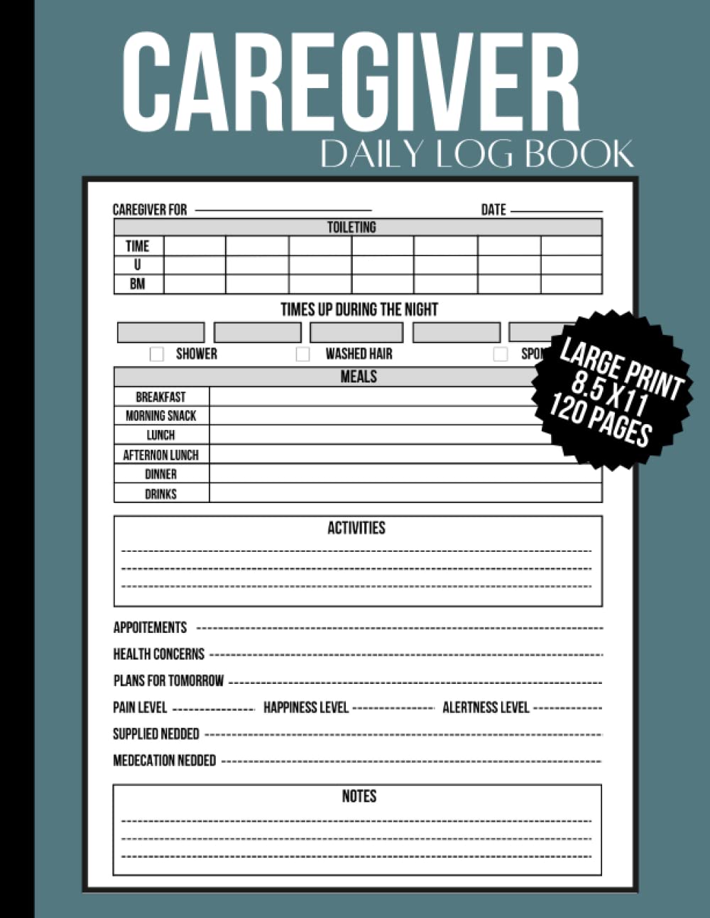 Caregiver Daily Log Book: Daily Nurses Caregiver Notes Tracker ...