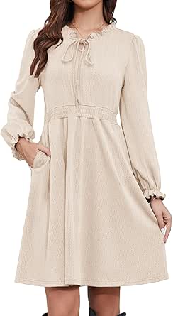 Alaster Queen Women's Fall Long Sleeve Dress Knit Ribbed Tie Front A Line Casual Ruffle Dresses ...