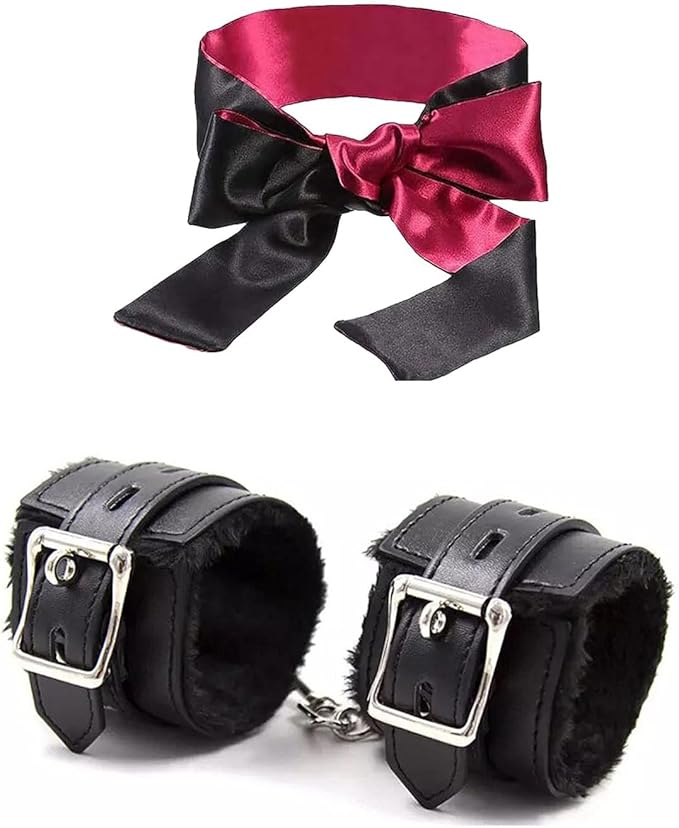 Blindfold and Leather Handcuffs,Handcuff Set,Blind fold Eye Mask for ...