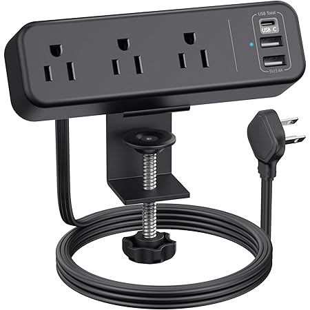 Amazon.com: 3 Outlet Desk Clamp Power Strip with USB C, Black Flat Plug ...