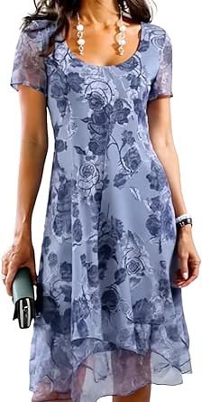 Women's Dress Blue Casual Floral Print A-Line Round Neck Short ...