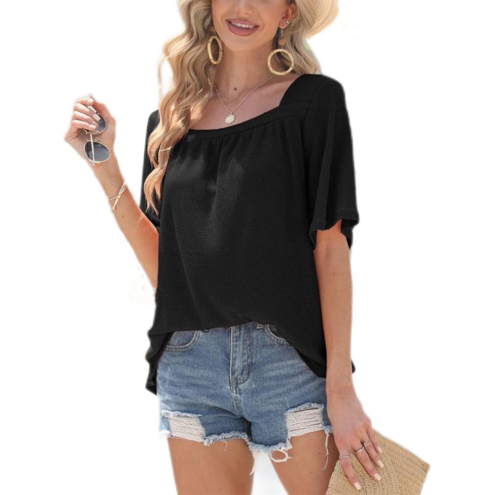 Aoysky Square Neck Tops for Women Batwing Sleeve Tie Back Oversized T ...