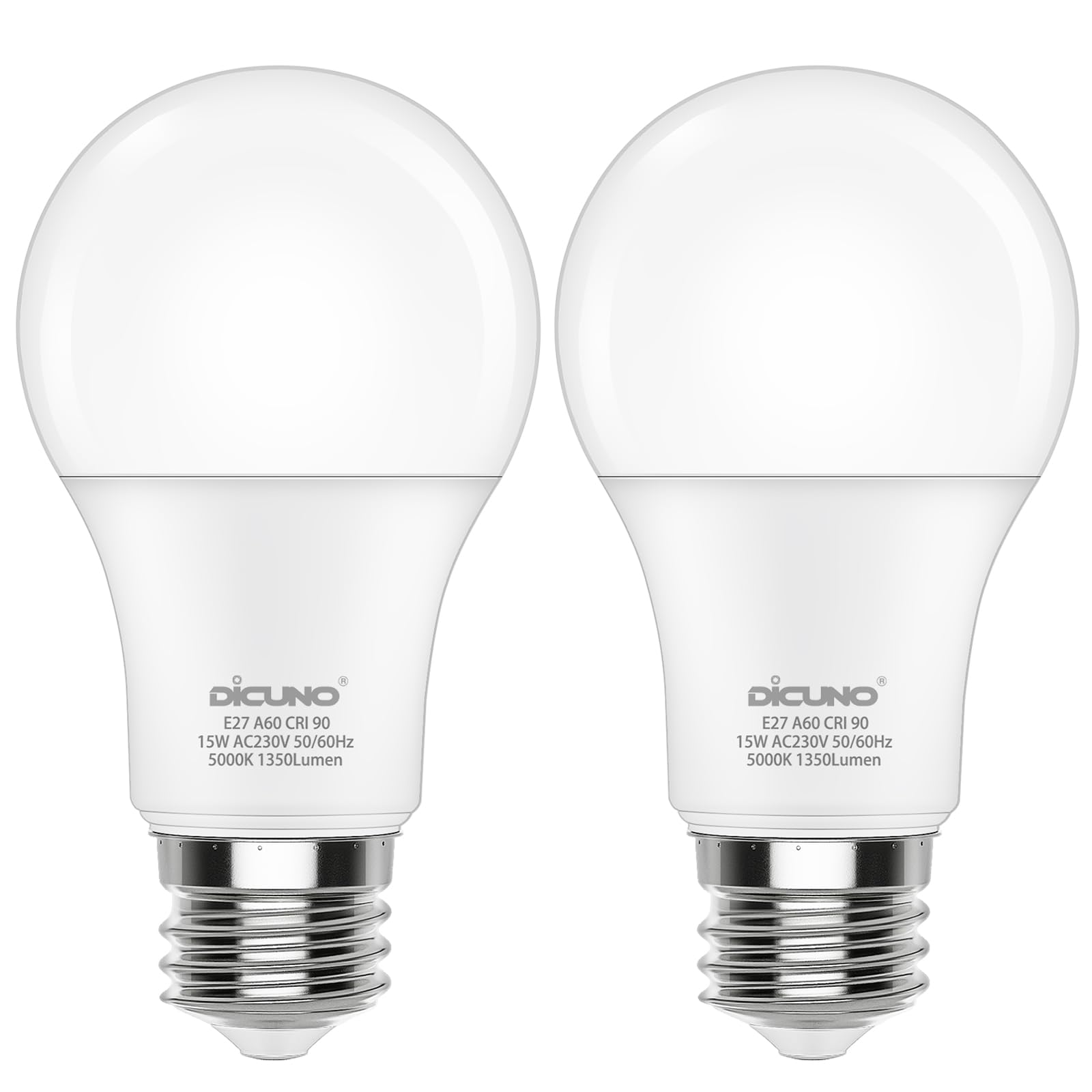 DiCUNO E27 Screw LED Bulb 15W, Daylight White 5000K, 100 Watts Halogen ...