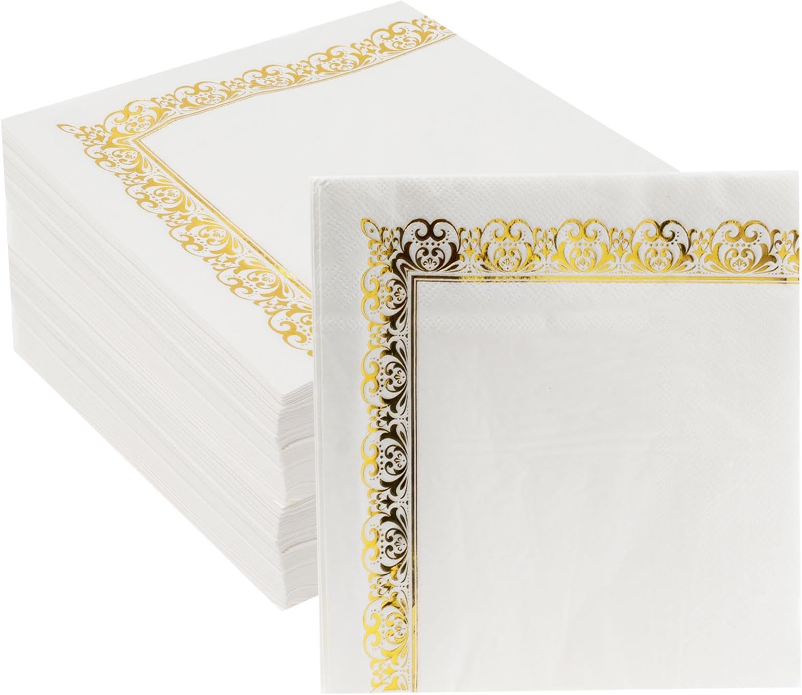 100 Pack White and Gold Paper Cocktail Napkins, Disposable Square ...