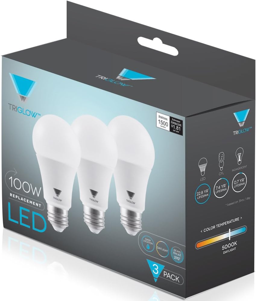 TriGlow LED Light Bulbs 100 Watt Equivalent A19 LED Bulbs 5000k ...