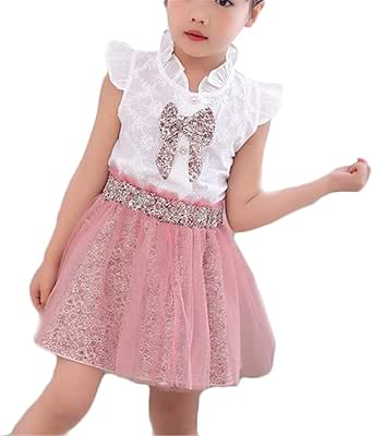 Amazon | [JIANGWEI] （ジャンーウェ）子供服 女の子 ジュニア 小花柄 セットアップ ノースリーブ トップス フレアスカート チュールスカート 2点セット フリル Tシャツ ...