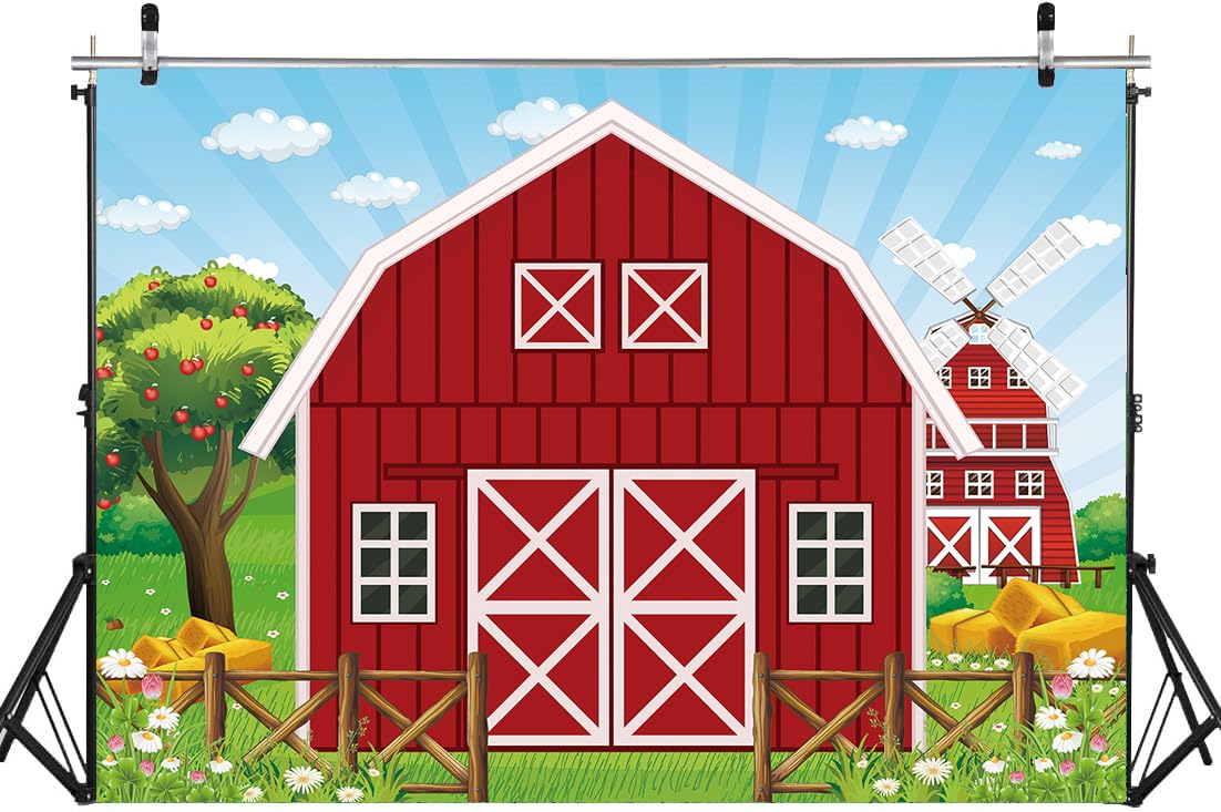 Snapklik.com : RUYI Farm Barn Backdrop 8x6FT Cartoon Red Barn Green ...