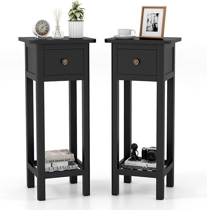 Amazon.com: Giantex Narrow End Table with Drawer Set of 2, Tall Acacia ...