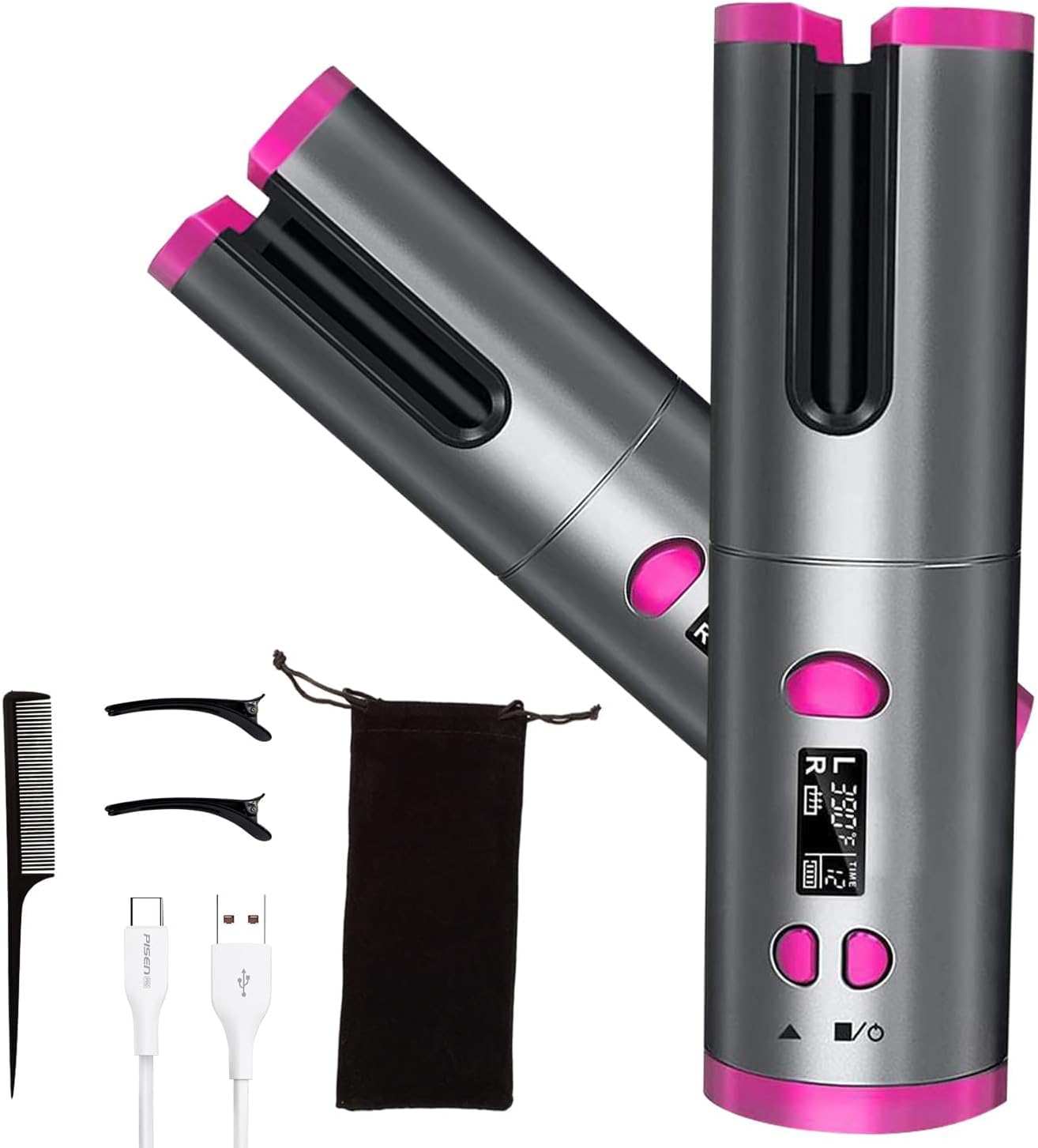 Automatic Hair Curlers Cordless Curling Iron Rotating Curling Tongs LCD ...