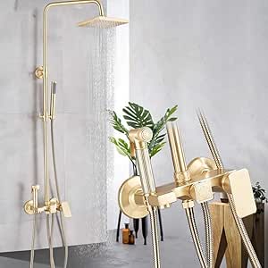 Brushed Gold Shower Set Bathroom Tub Shower Mixer Tap Rainfall Bath Shower Faucet Brass Bidet ...