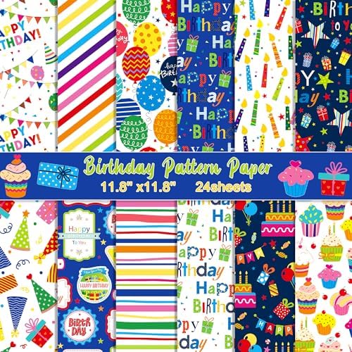 Amazon.com: Konsait 24 Sheets Happy Birthday Scrapbook Paper 12x12 ...