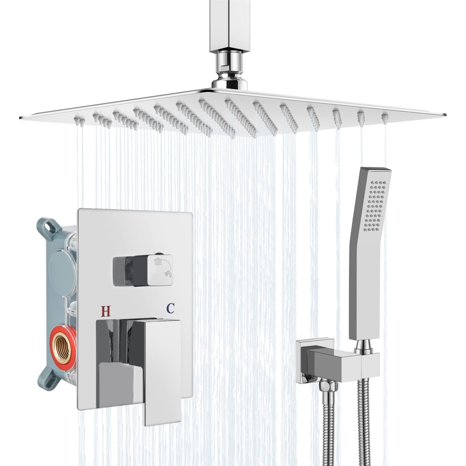 Airuida 12 Inch Square Chrome Polish Shower System Set Rough-in Valve ...