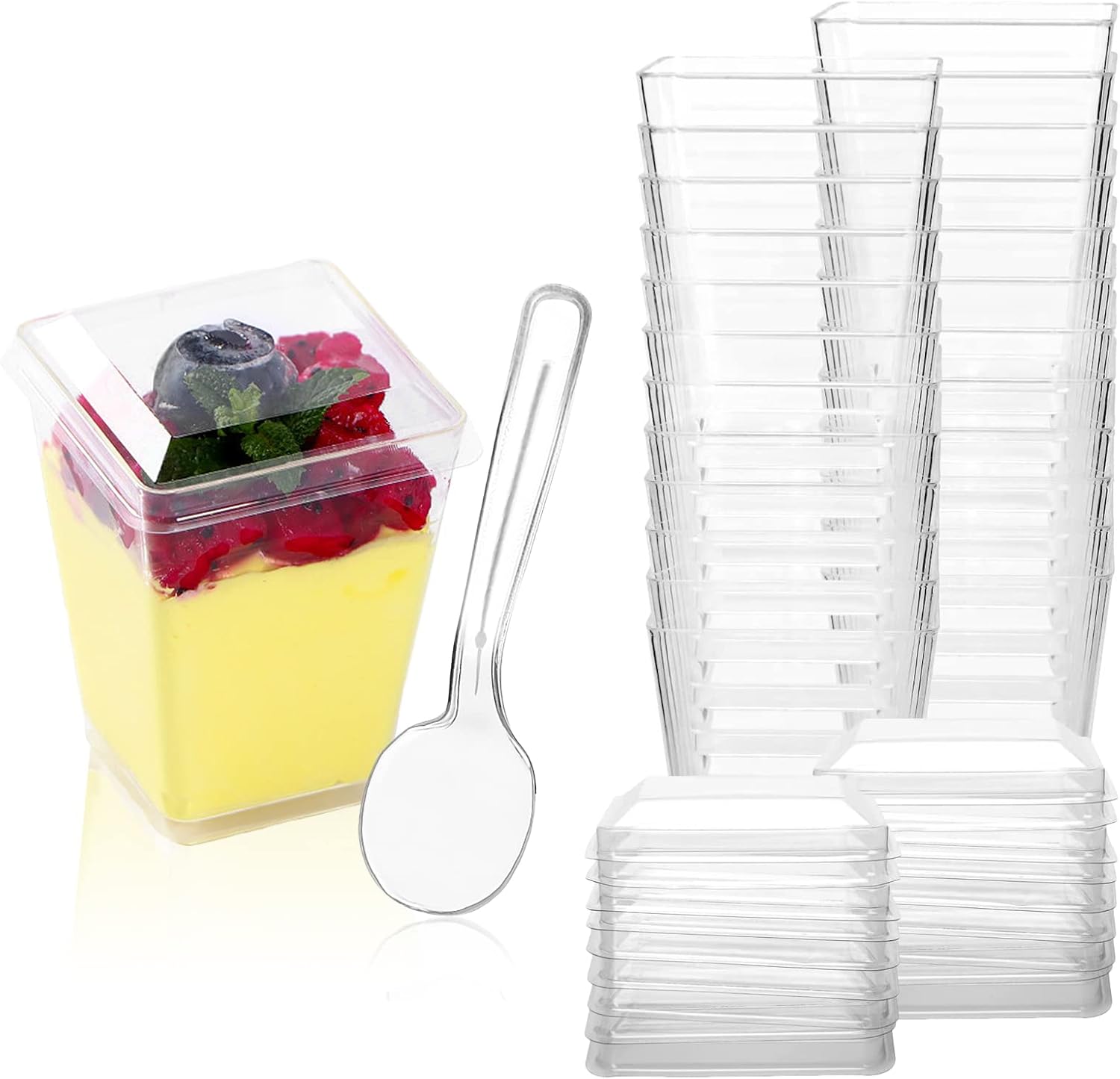 100 x 150ml Dessert Cups with Lids & Spoons,Clear Plastic Square Cup ...
