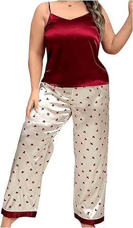 WDIRARA Women's Plus Size Satin Pajama Set Heart Print 2 Piece ...