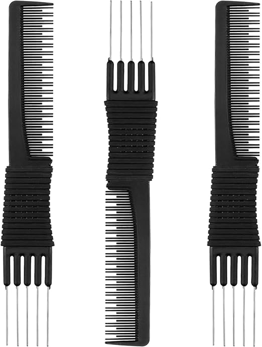 3 Pack Black Carbon Lift Teasing Combs with Metal Prong, Salon Teasing ...
