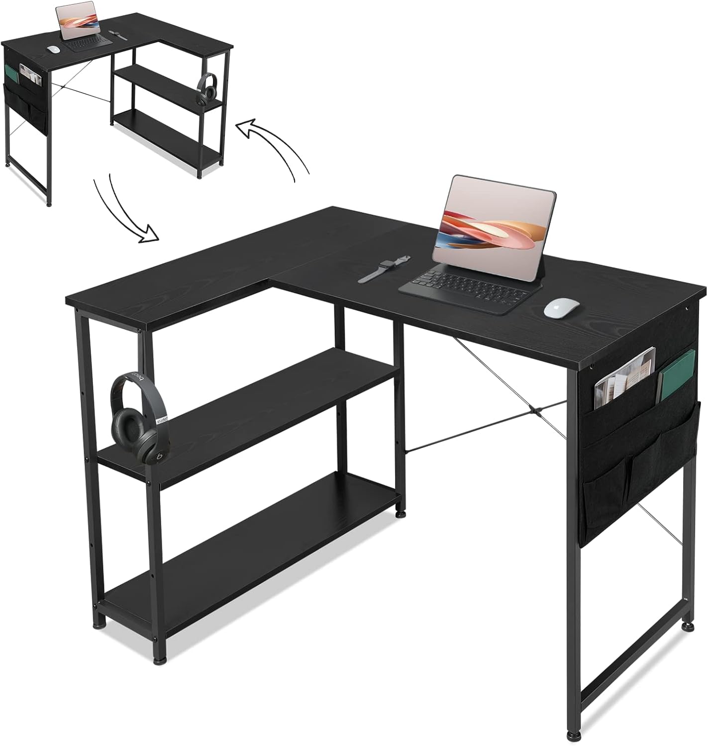 Amazon.co.jp: Maihail デスク 机 pcデスク パソコンデスク l字デスク 右棚左棚 幅99cm desk コーナーデスク つくえ 棚板高さ調節可能 作業机 L字型 勉強机 ...