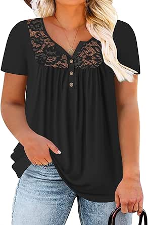 VOGRACE Plus Size Tops for Women Short Sleeve Henley Shirts Lace Loose ...