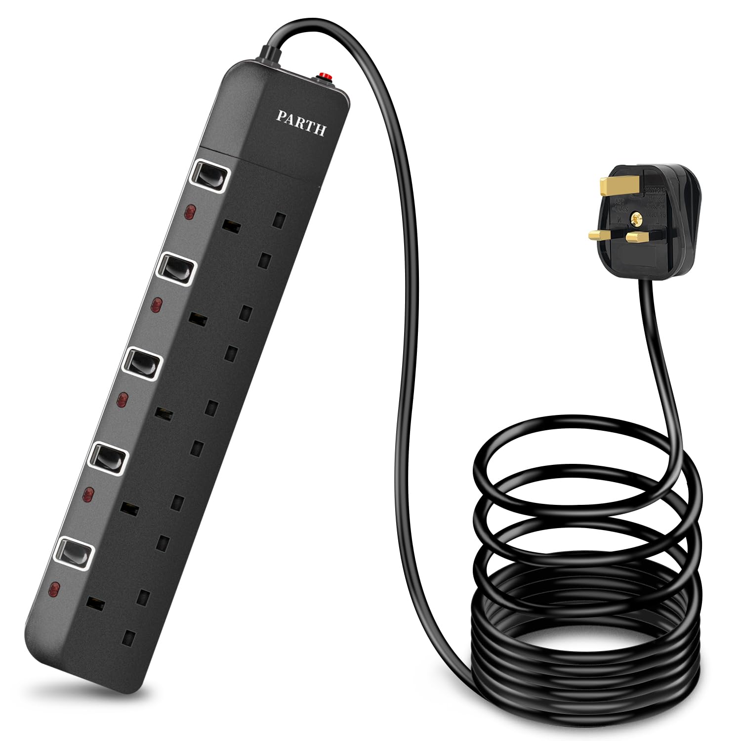 PARTH 10m Extension Lead Surge Protection, 5 Gang UK Plug Extension ...