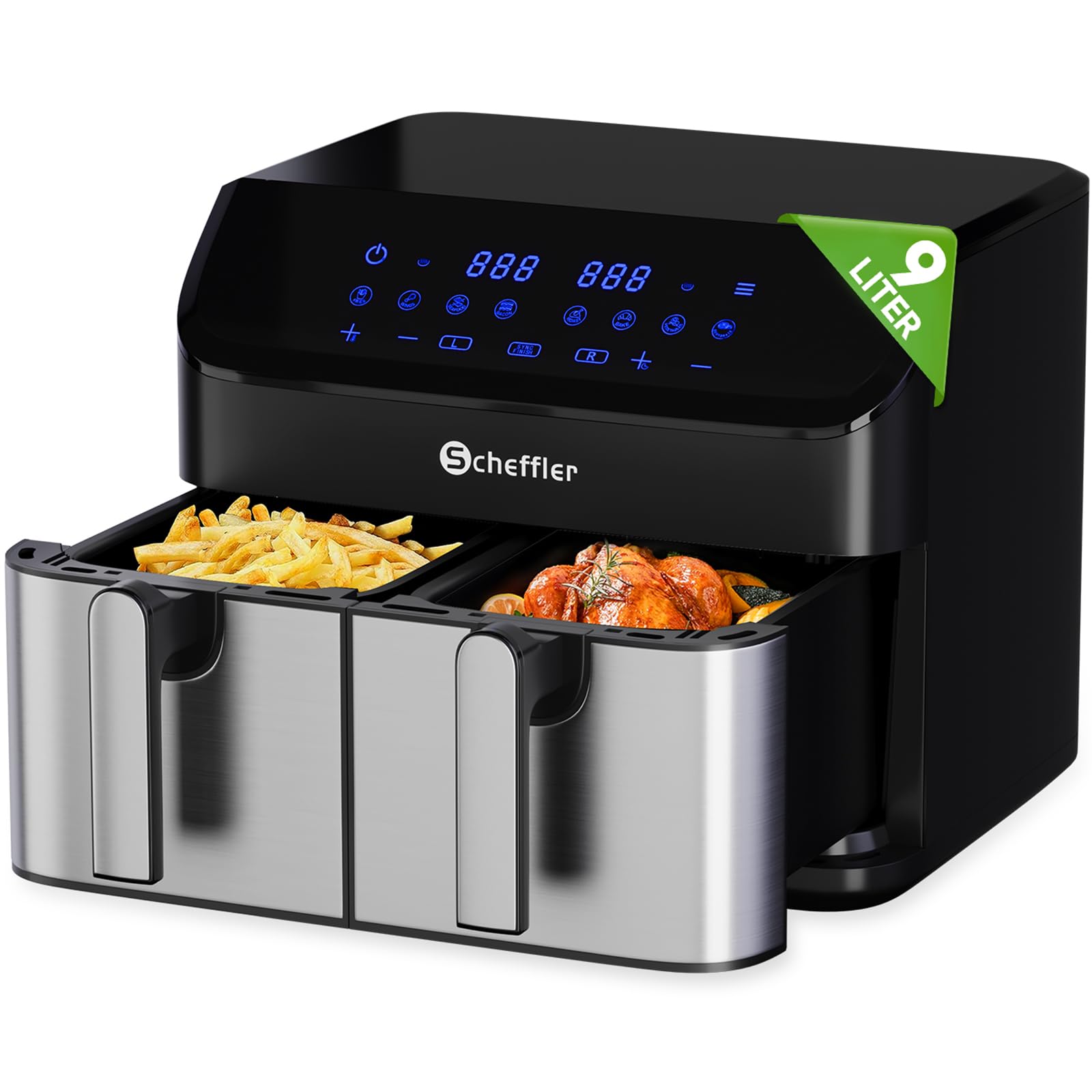 Scheffler Heißluftfritteuse 2 kammern 9L (2x4.5L), 2000W Airfryer mit 2 ...