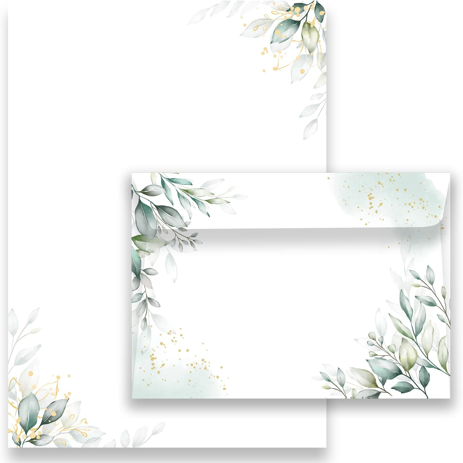 Briefpapier/Briefumschlag Set edel in Grün mit Blättern bedruckt 2 ...