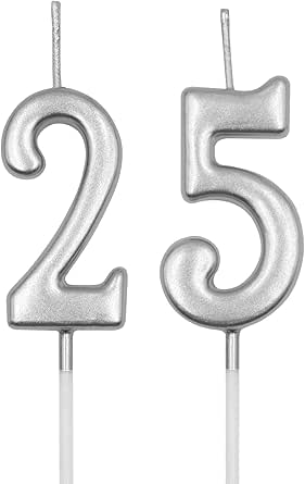 Amazon.com: 25th & 52nd Birthday Candles, Silver Number 25 52 Candle ...