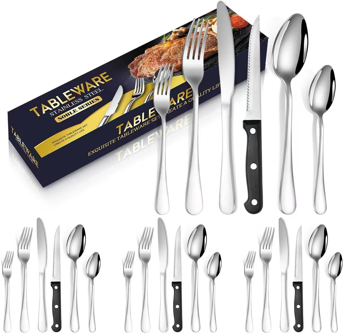 Amazon.com: Bacom 24-Piece Silverware Set with Steak Knives, Silver Flatware Set for 4,Grade ...