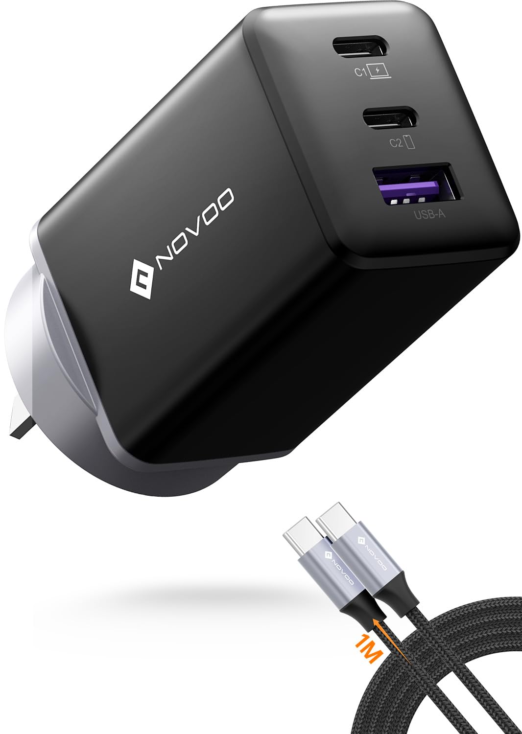 NOVOO 67W USB C Charger with 2 PD 100W Type-C Cables, GaN III 3-Port ...