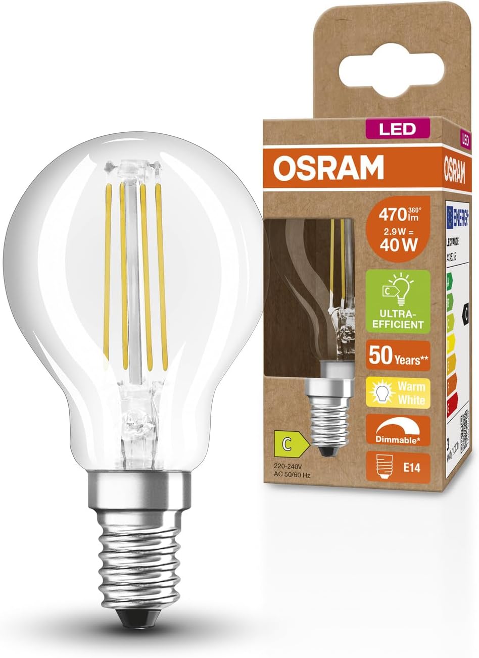 Osram SUPERSTAR+ CLASSIC P FIL 40 LED-Lampe, E14, Miniballform, 2,9W, 470lm, 2700K, warmweißes ...