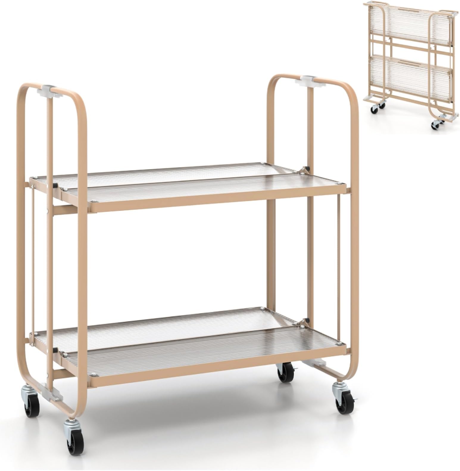 TANGZON 2-Tier Foldable Rolling Cart, Tempered Glass Mobile Storage ...