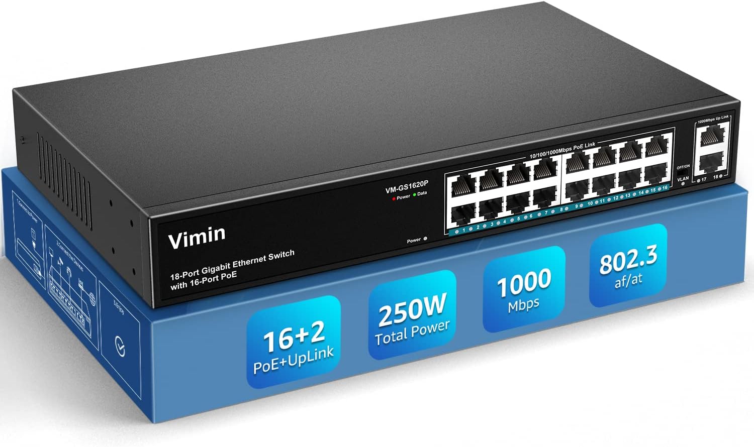 VIMIN 18 Port Fast Ethernet PoE+ Switch with 2 Gigabit Uplink Ports, 16 Port 10/100Mbps PoE ...