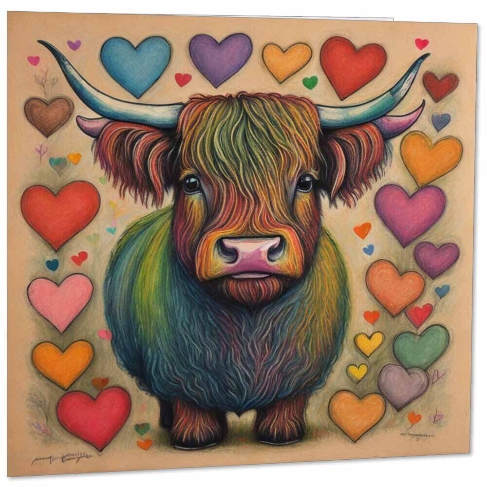 Highland Cow Drawing Greeting Card - Highland Cow Love Hearts 145mm x ...