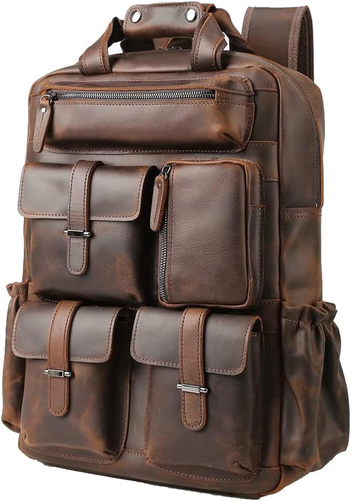 TIDING Vintage Leather 15.6" Laptop Backpack for Men Multi Pockets Travel Rucksack Work Business ...