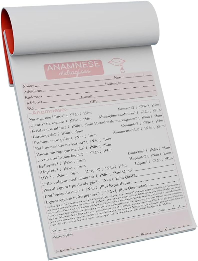 Bloco 100 Folhas Ficha De Anamnese Hidragloss : Amazon.com.br ...