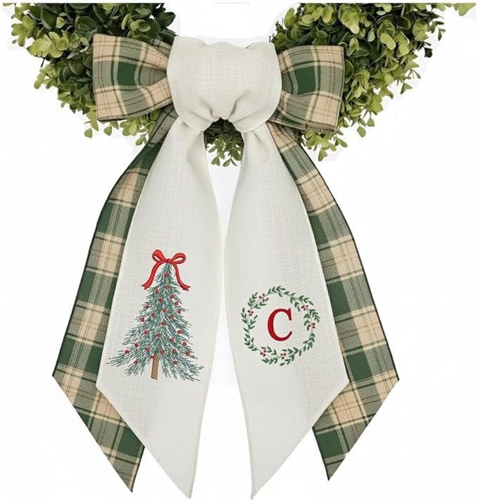 Amazon.com: Monogram Christmas Wreath Sash, Embroidered Wreath Bow ...