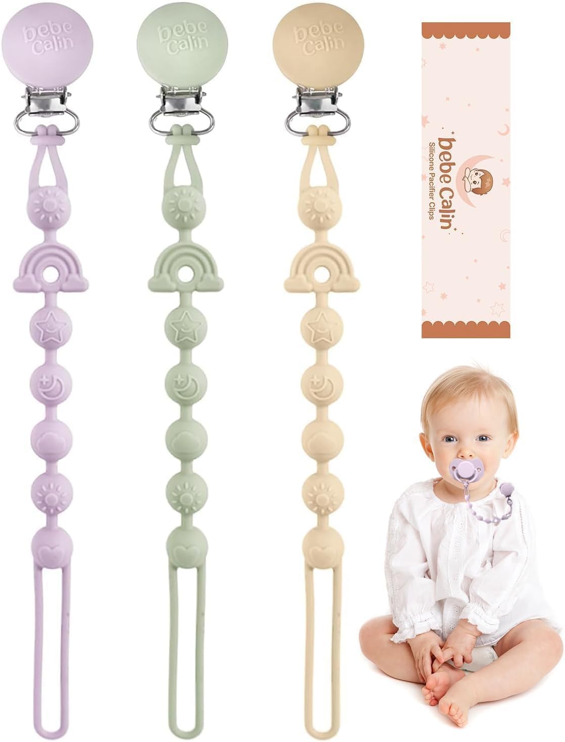 Silicone Dummy Clip, BebeCalin Set of 3 Pacifier Clips for Babies Boys ...