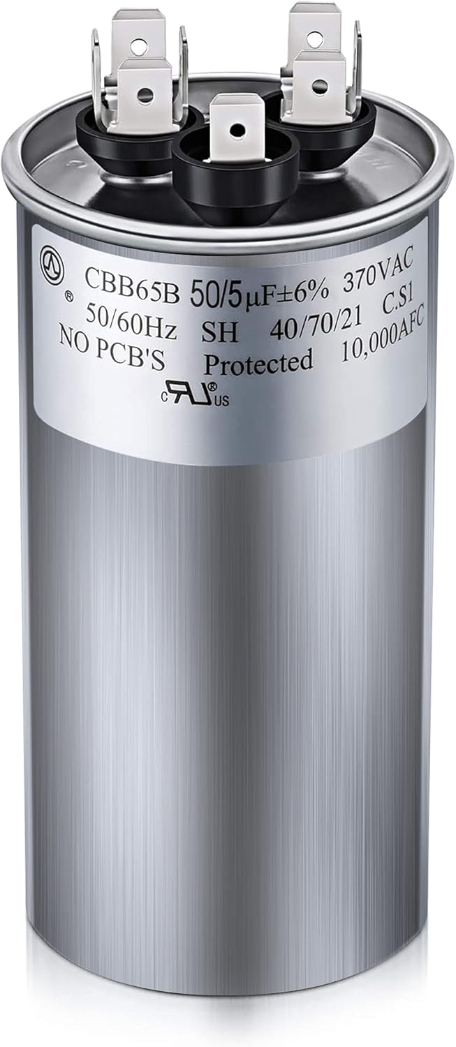 50/5 uF/MFD ±6% 370/440 VAC CBB65B Dual Run Round Capacitor, UL Listed ...