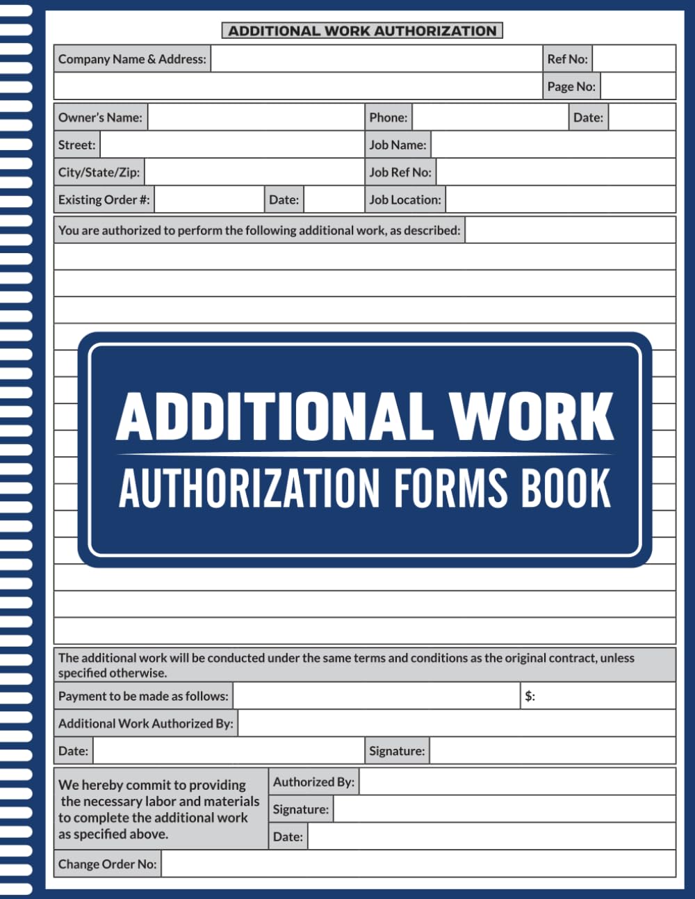 Additional Work Authorization Forms Book: Professional Additional Work Authorization Log for ...
