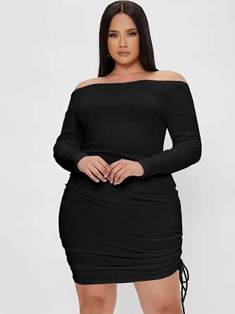 Women's Plus Size Off The Shoulder Ruched Drawstring Bodycon Dress at ...