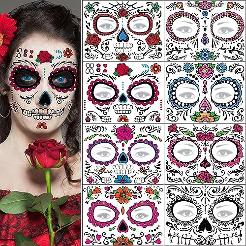 Amazon.com : Day of the Dead Face Tattoos - 8 Sheets Halloween ...