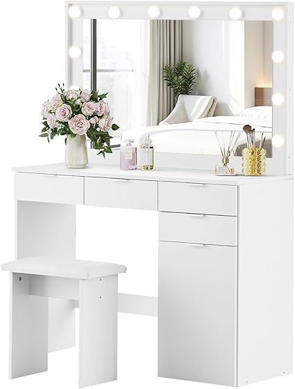 LEMROE Dressing table with Hollywood LED mirror and stool, 3 Adjustable ...