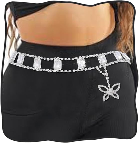 Amazon.com: DRESBE Crystal Waist Chain Jewelry Silver Rhinestone Belly ...