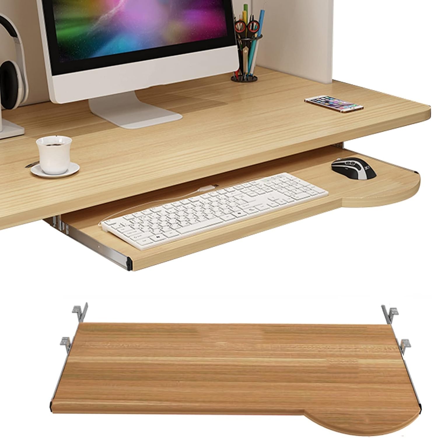 Amazon.com: V3VOGUE Wooden Keyboard Tray Under Desk Push-Pull Keyboard ...