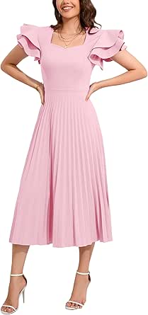 VERWIN Short Sleeve Square Neck Women's Maxi Dress Casual Ruffle Sleeve ...