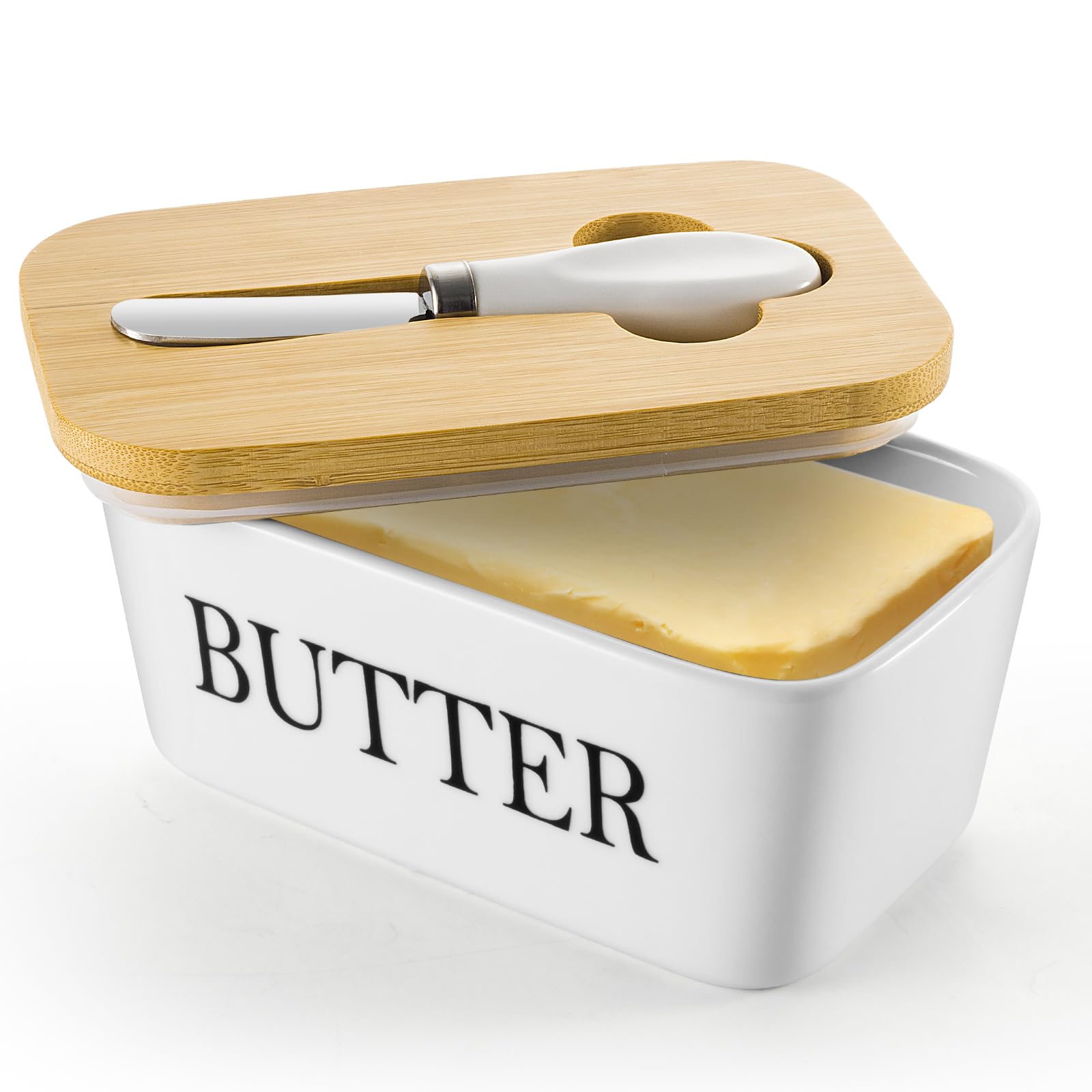 Olyzer Butter Dish with Lid and Knife, Airtight Porcelain Butter ...