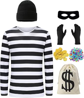 Amazon.com: Adult Robber Costume Men Striped T-Shirt Bank Burglar Thief ...