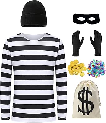 Amazon.com: Adult Robber Costume Men Striped T-Shirt Bank Burglar Thief Cop and Robbers Cosplay ...