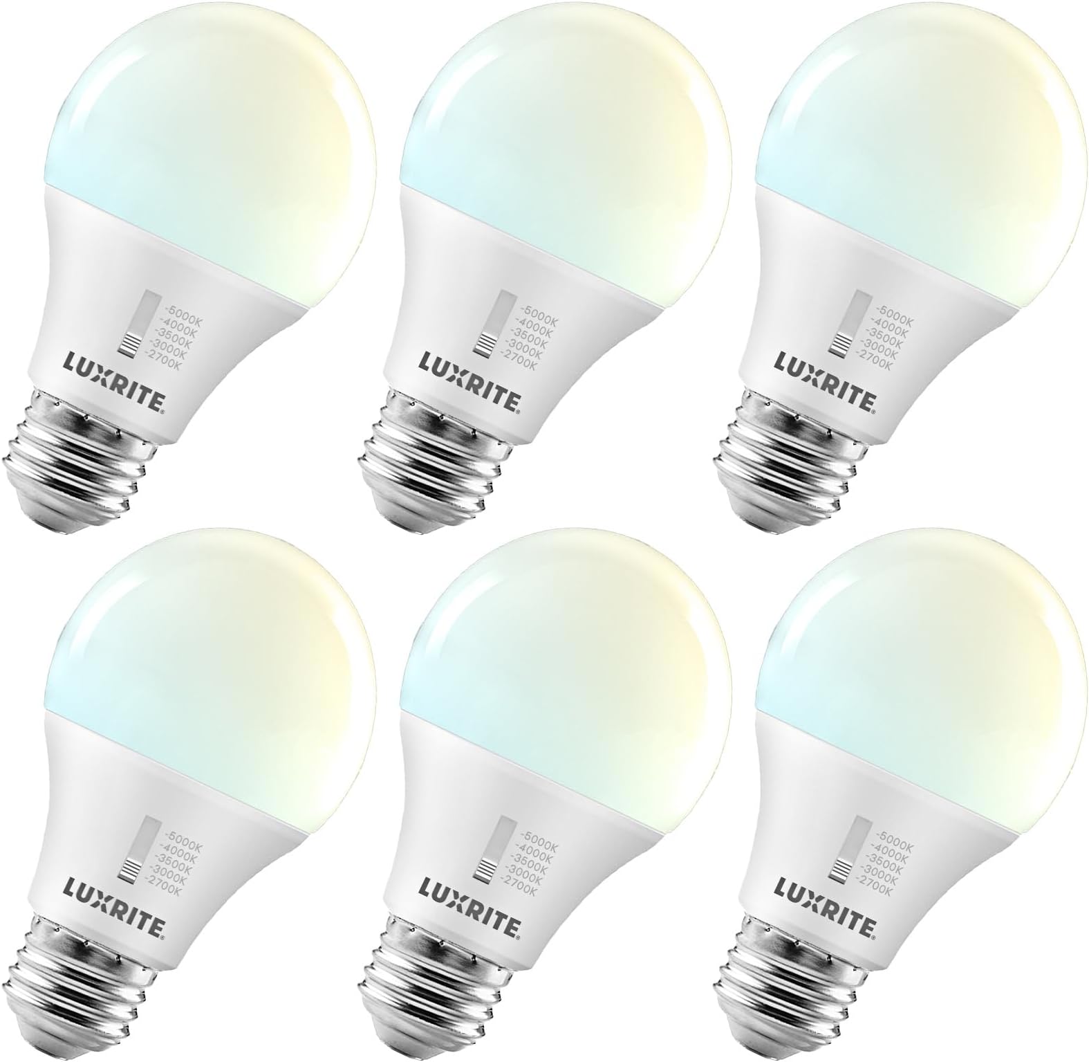 LUXRITE A19 LED Light Bulb 60 Watt Equivalent, CRI90, 5CCT 2700K 3000K ...